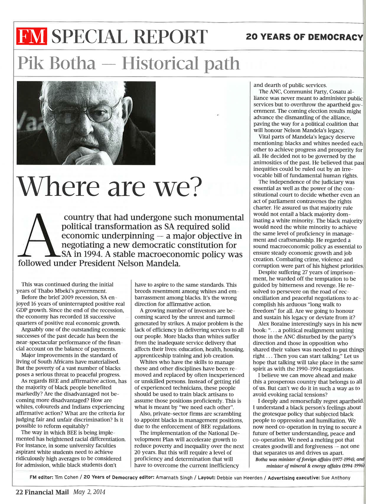 Financial Mail Special Report – Pik Botha – AOHA